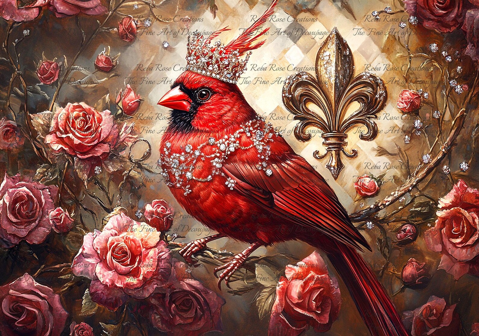 Reba Rose Rice Paper for Decoupage, Mixed Media, Cardinal, Crown ...