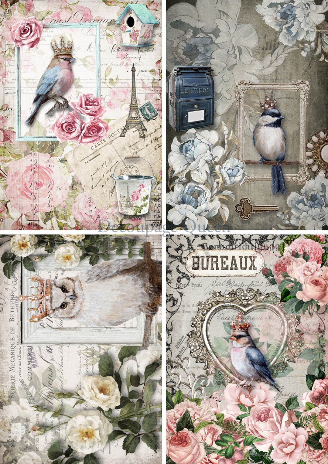 Decoupage Queen Rice Paper, Teresa Rene Art, 4 Birds, Crowned Birds ...