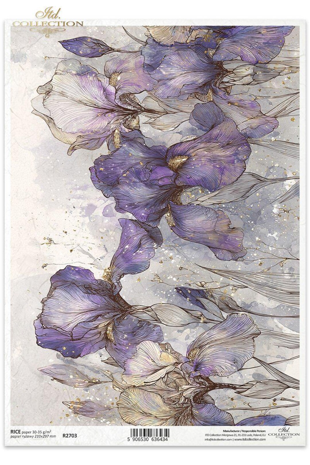 ITD Collection, Rice Paper, Watercolor Florals, Purple, Gold, Pastels ...