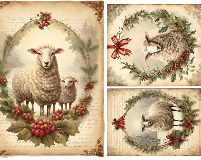 Decoupage Central, Christmas, Framed, Sheep, Holly, Vintage, Shabby ...