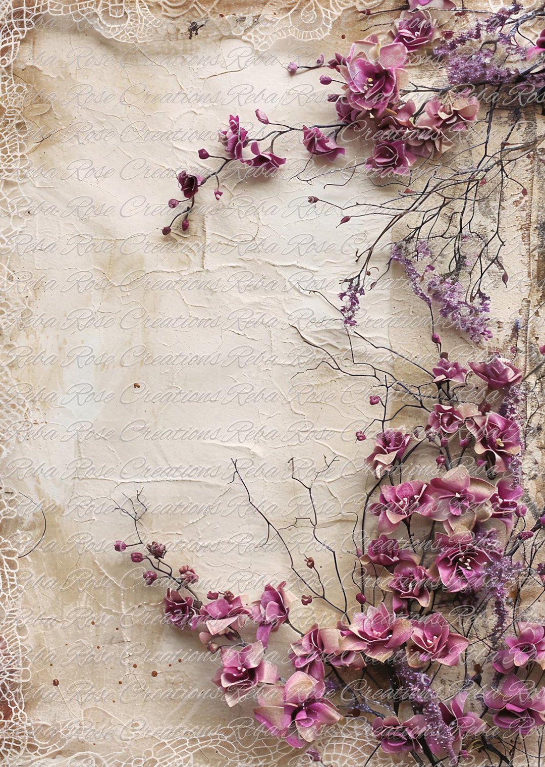 Reba Rose Rice Paper for Decoupage, Mixed Media, Purple Flowers, Shabby ...