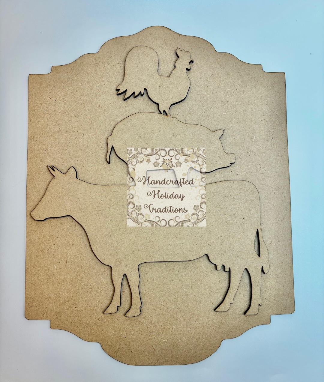 Laser Cut MDF, Plaque, Panel, Stacked Farm Animals, Cow, Pig, Rooster ...
