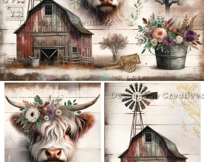 Decoupage Creatives, Rice Paper, Country, Farm, Animals, Barn, Cows ...
