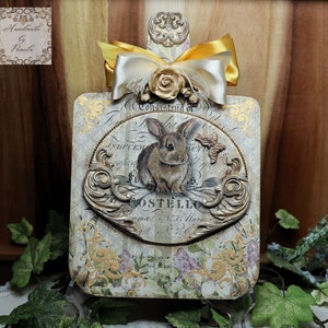 Handcrafted, Bunny Rabbit, Decoupage, Mixed Media Plaque, Wall, Table ...