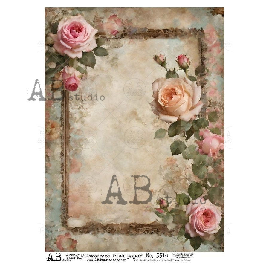 AB Studio, Rice Paper, Decoupage, Mixed Media, Vintage Style, Pink Ros ...