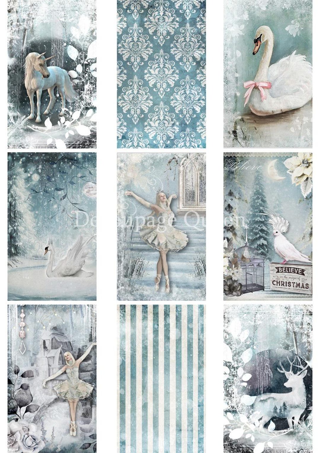 Decoupage Queen Rice Paper, Winter Fantasy Tags, Ice, Stripes, Unicorn ...