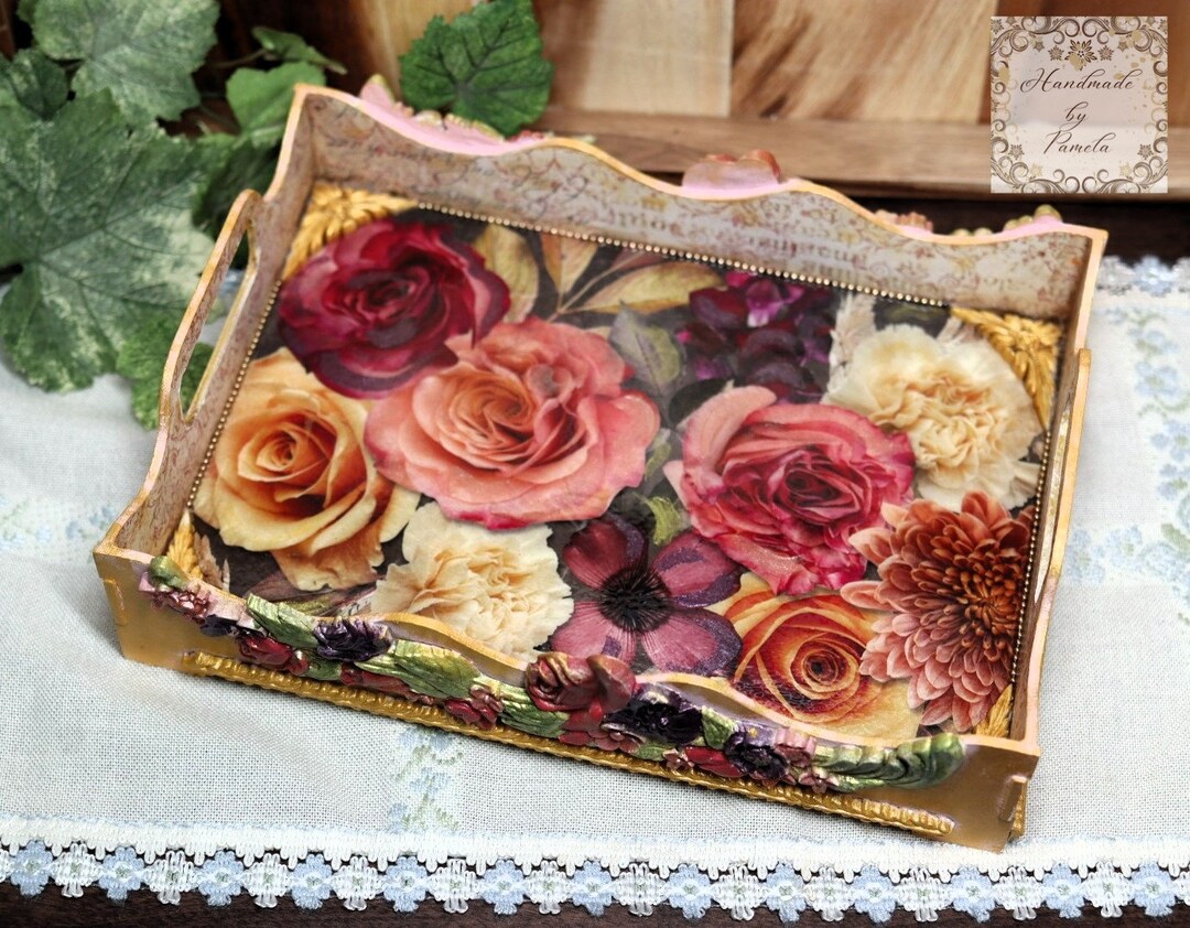 Handcrafted, Mixed Media, Decoupage, Pink, Roses, Tray, Laser Cut MDF ...