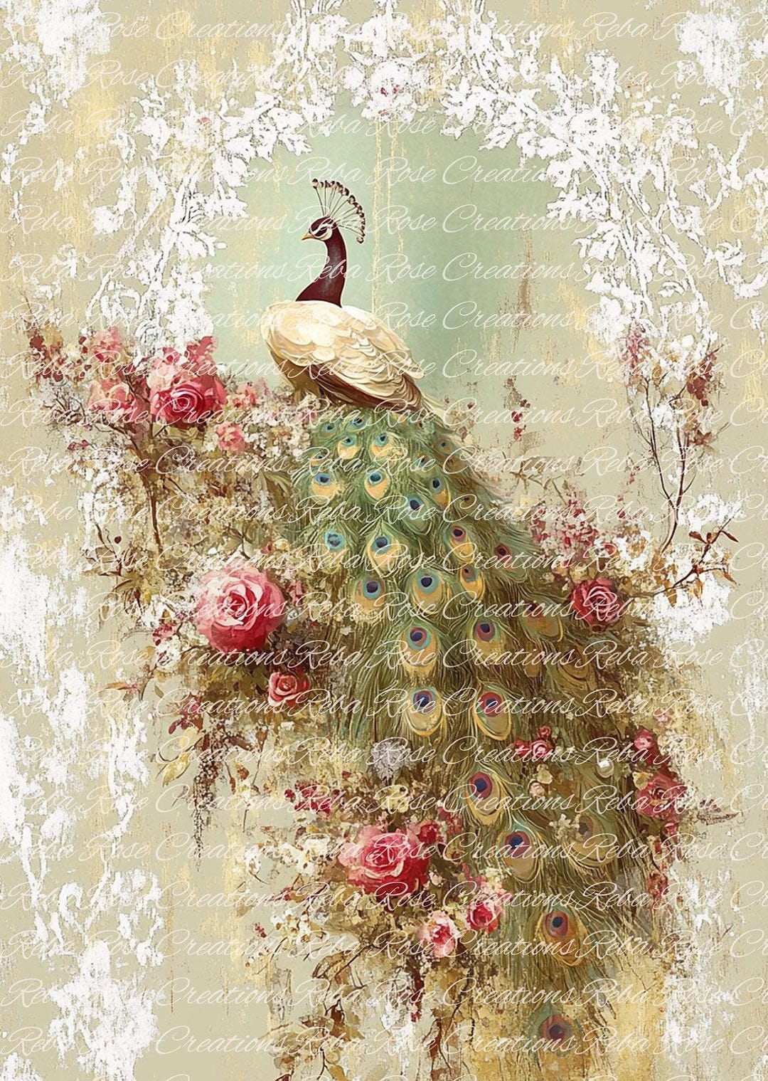 Reba Rose Rice Paper for Decoupage | Vintage Peacock and Pink Roses A3 ...