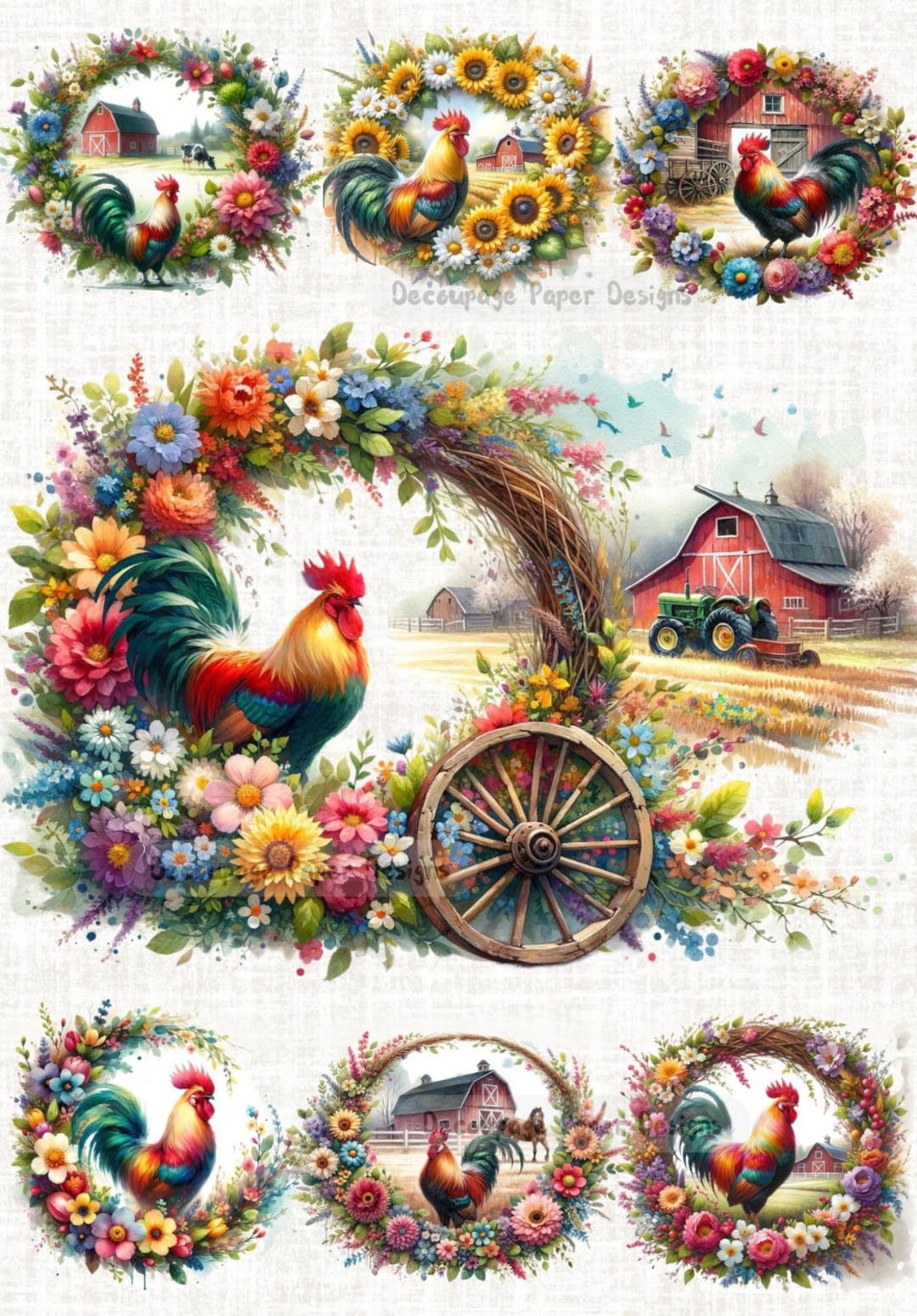 Decoupage Creatives, Rice Paper, Rooster, Wreaths, Rounds, Flowers ...