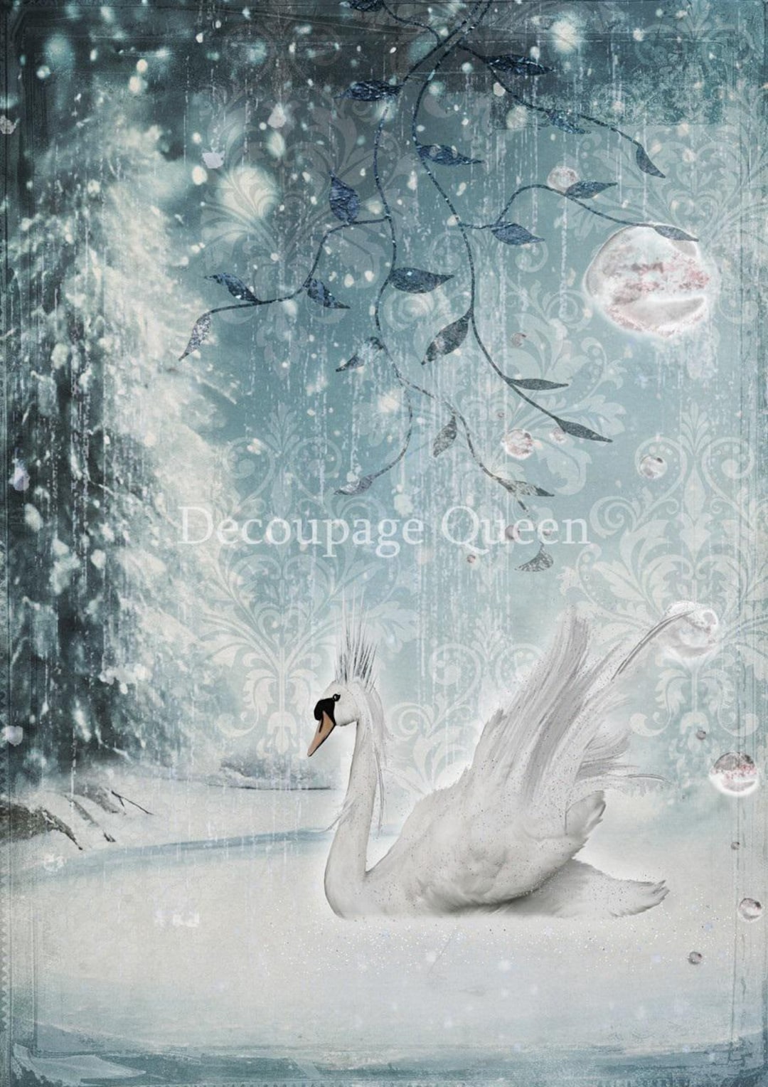 Decoupage Queen Rice Paper, Snow, Majestic Winter, White Swan, Blue ...