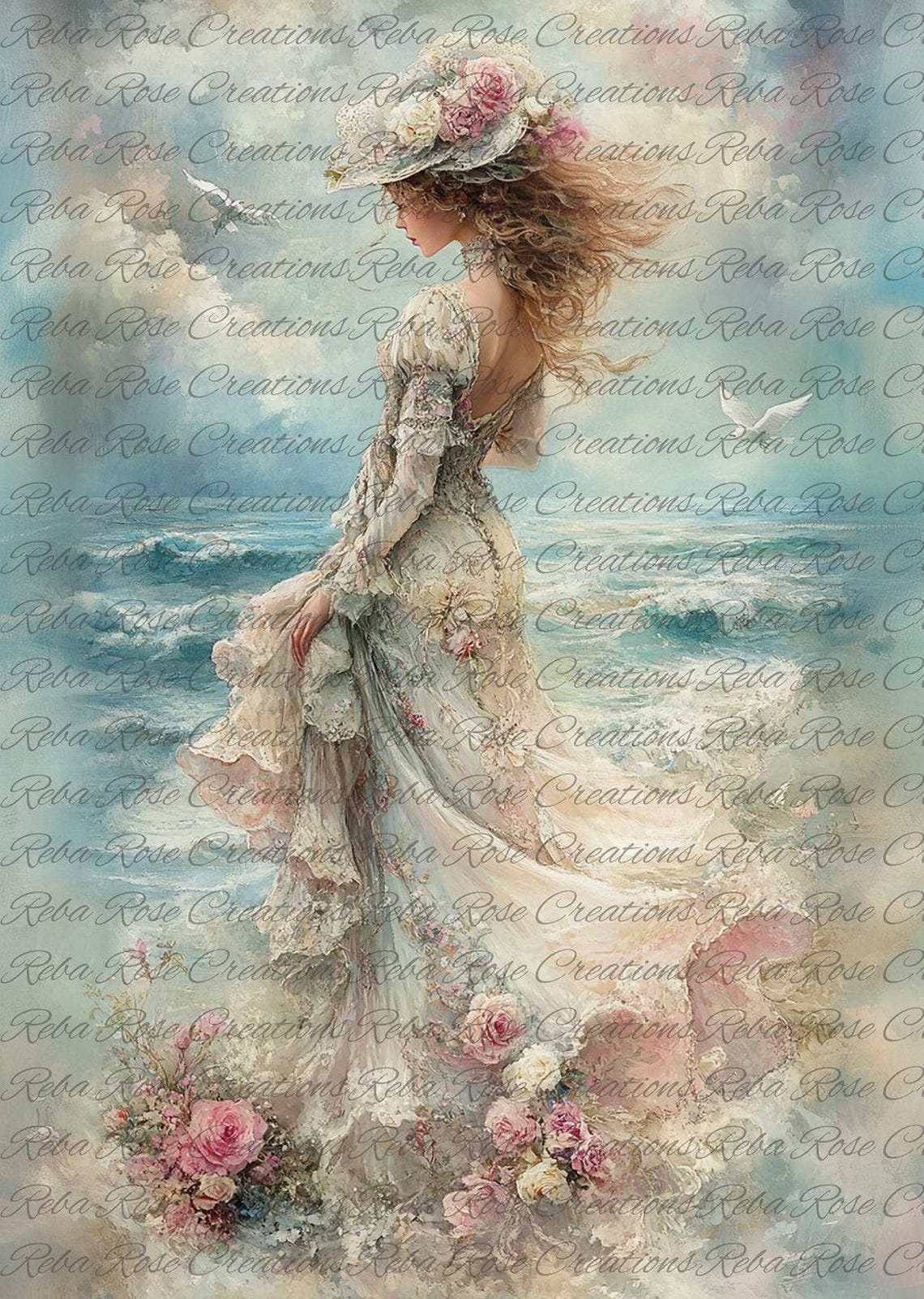 Reba Rose Rice Paper for Decoupage, Mixed Media, Lady by the Sea, Roses ...