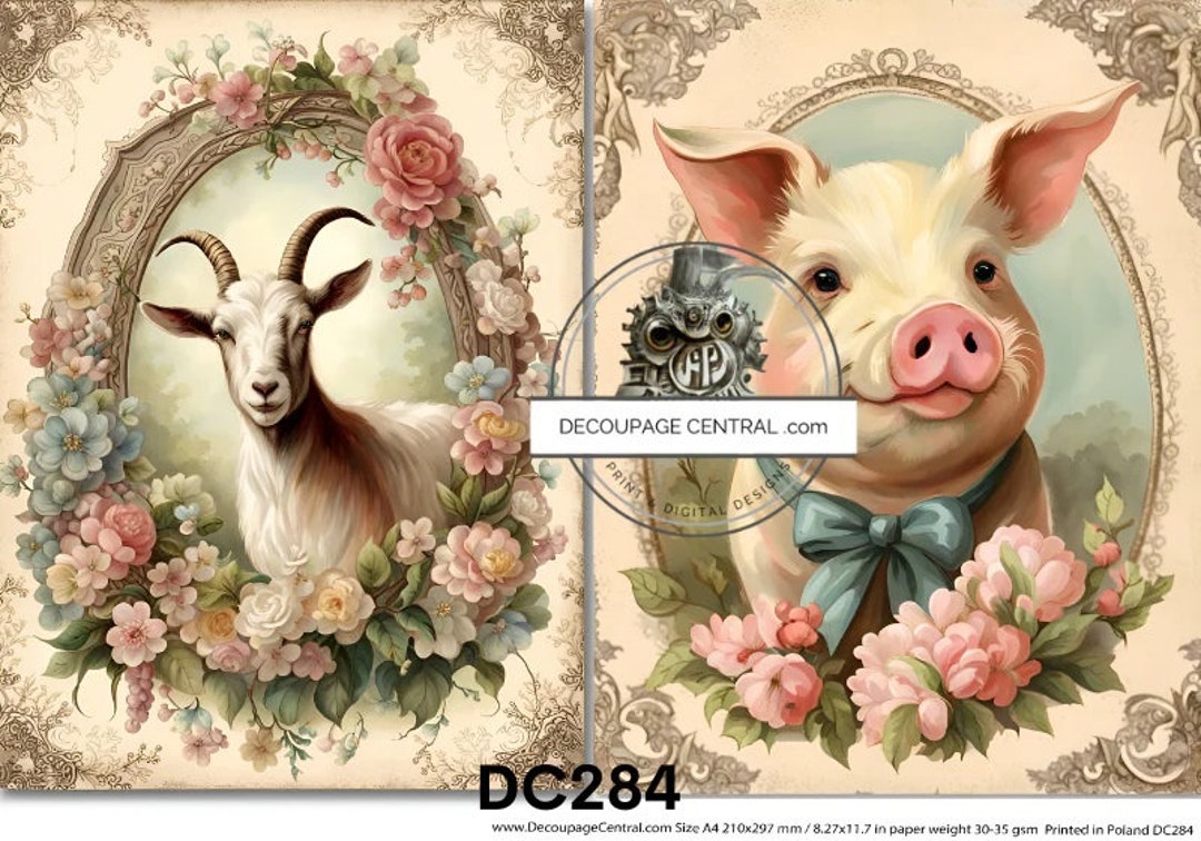 Decoupage Central Rice Paper Farm Animals Pig Goat Roses Floral Framed ...