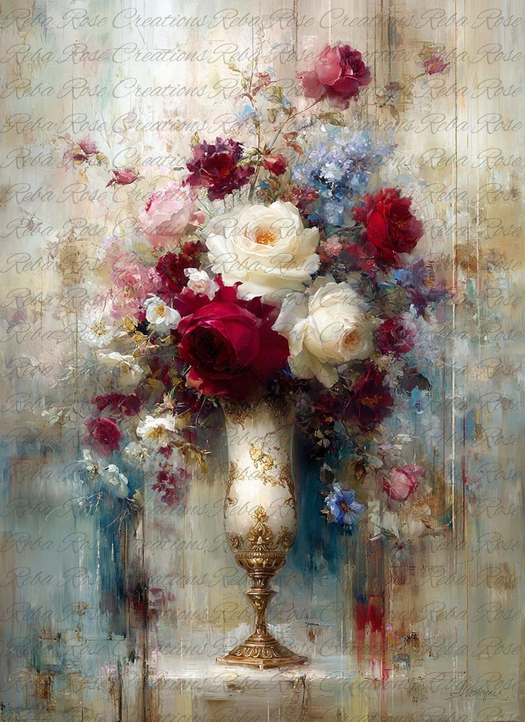 Reba Rose Rice Paper for Decoupage, Mixed Media, Flowers, Vase, Red ...