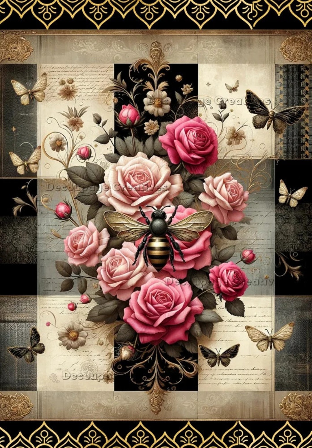 Decoupage Creatives, Rice Paper, Gilded Queen Bee, Pink Roses ...