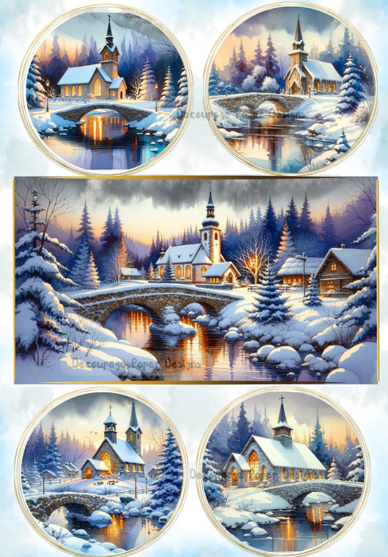 Decoupage Creatives Rice Paper, Mixed Media, Winter, Scene, Churches ...