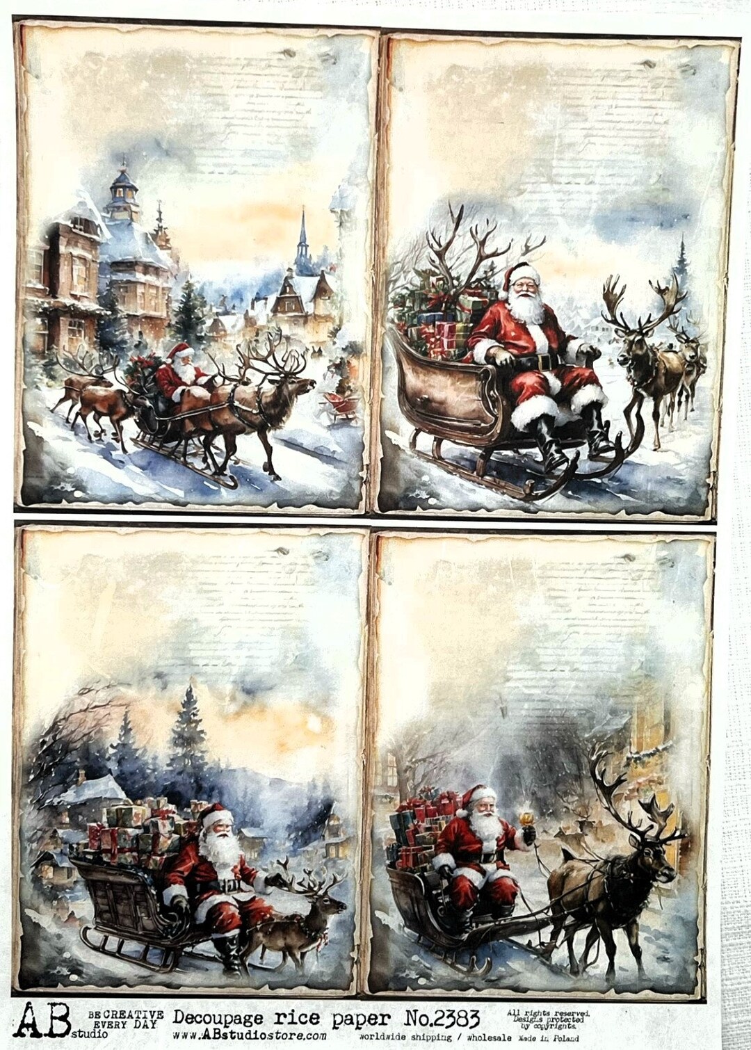 AB Studio, Rice Paper, Christmas, Santa, Sleigh, Reindeer, Squares, A4 ...