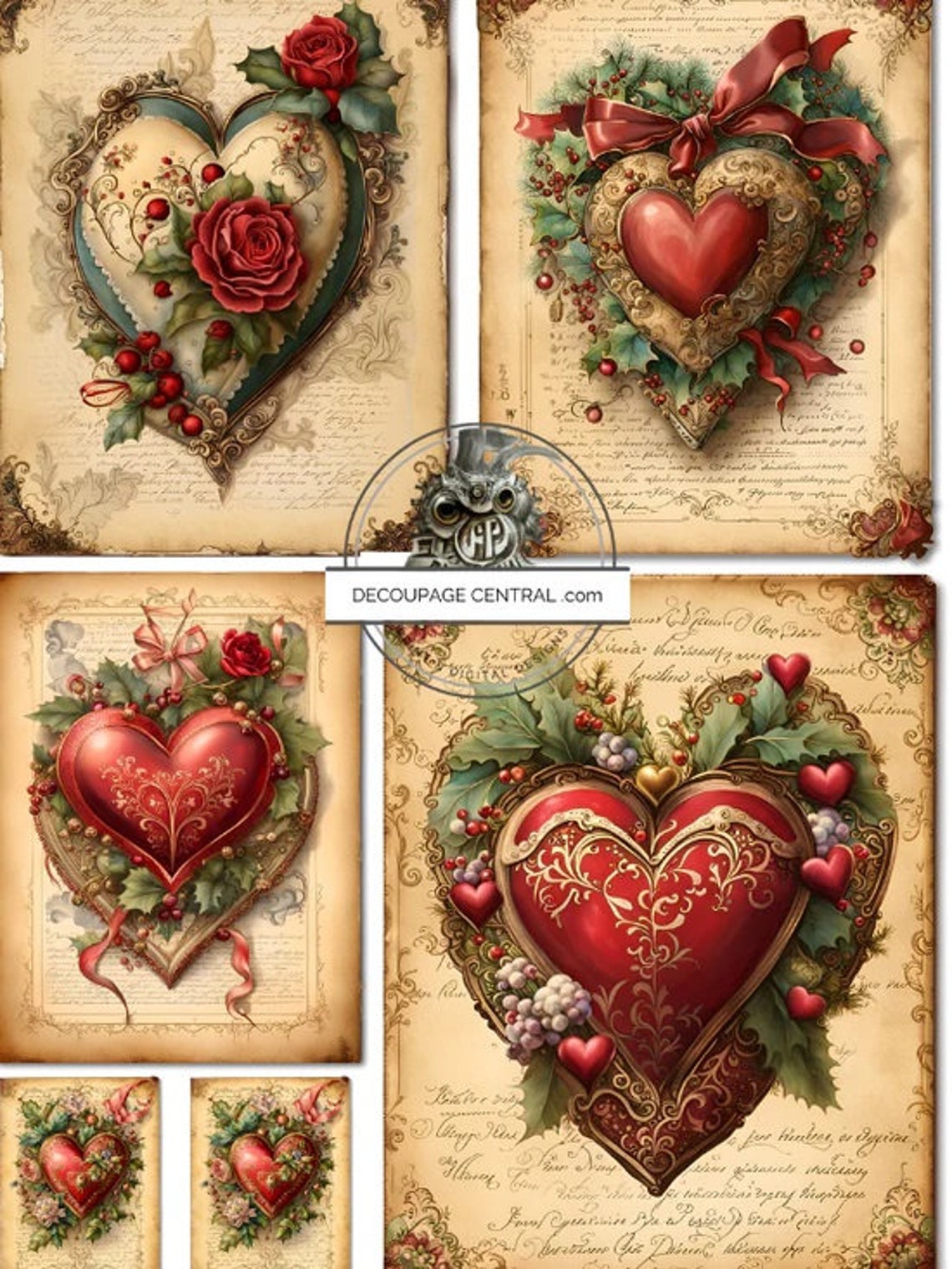 Victorian Shabby Chic Heart Ornaments Set 2, Vintage Style Decoupage ...