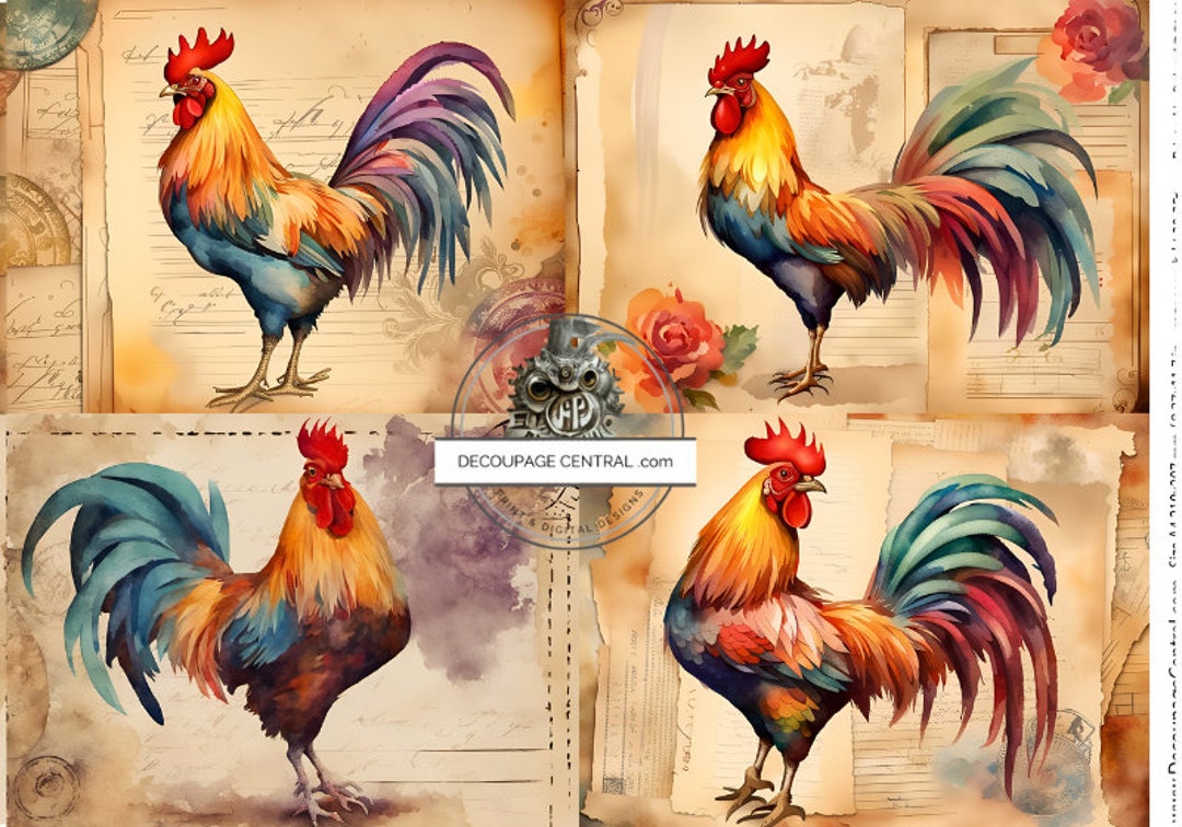 Decoupage Central, Colorful, Roosters, Country, Farm, Shabby Chic ...