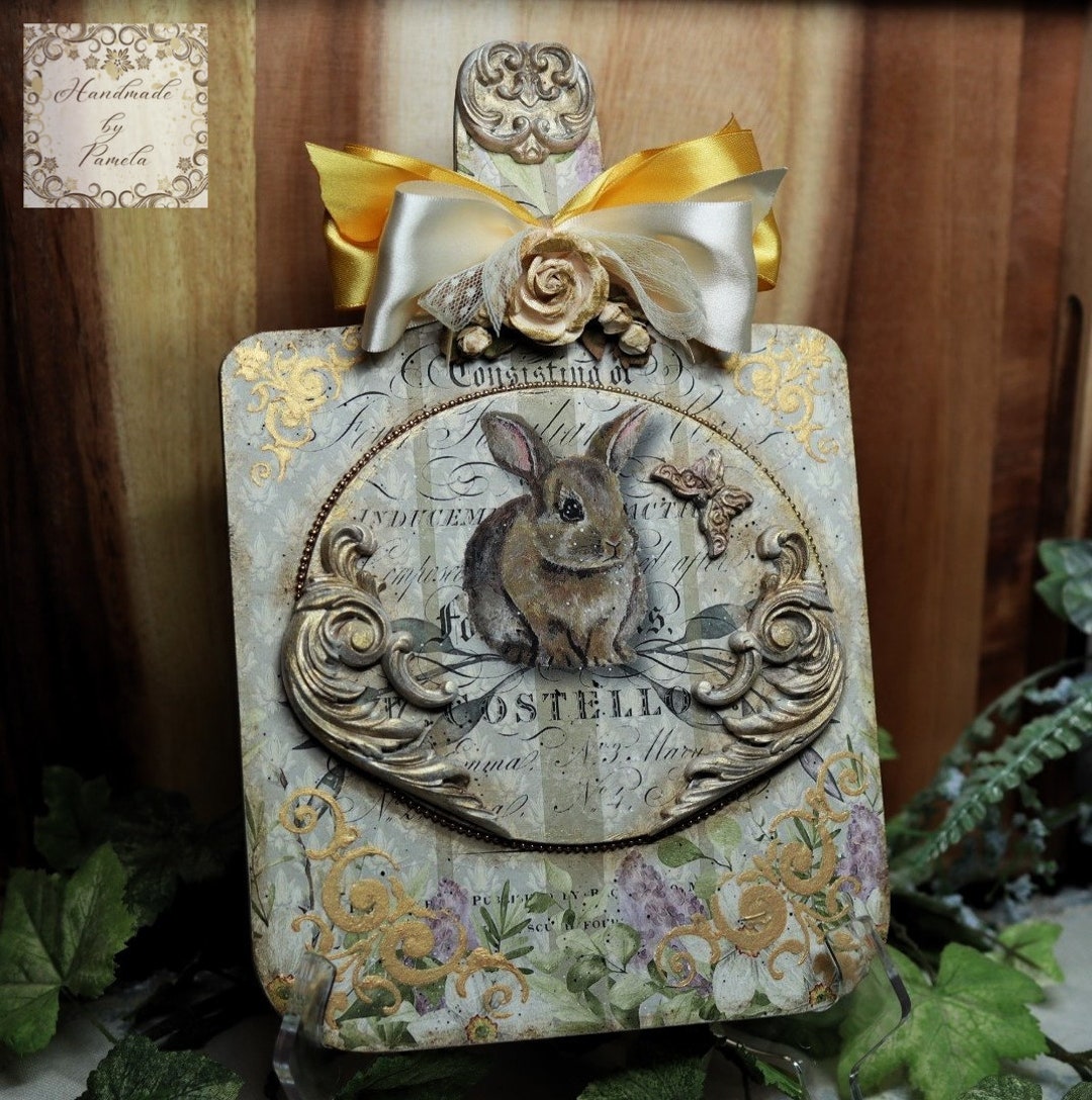 Handcrafted, Bunny Rabbit, Decoupage, Mixed Media Plaque, Wall, Table ...
