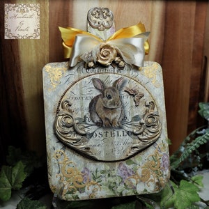 Handcrafted, Bunny Rabbit, Decoupage, Mixed Media Plaque, Wall, Table ...