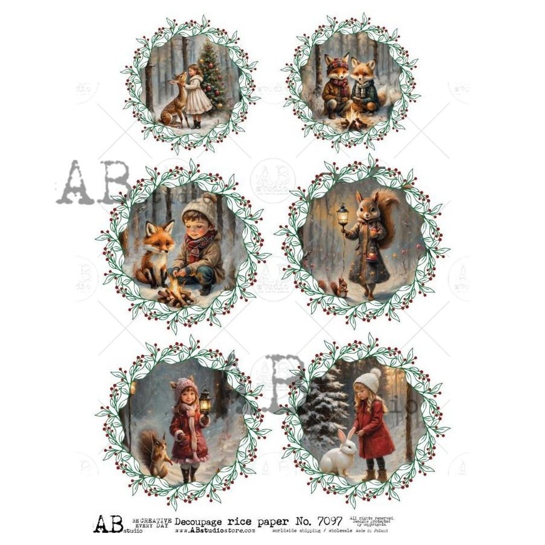 AB Studio, Rice Paper, Christmas, Holly Wreaths, Framed, Girls, Animals ...
