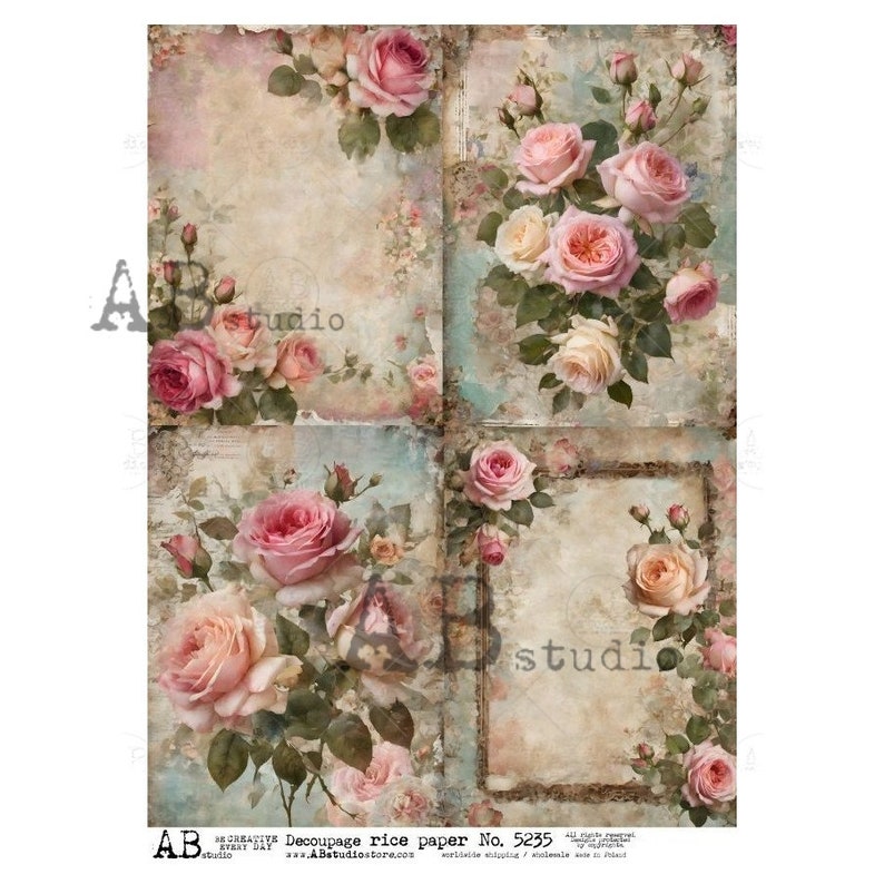 AB Studio, Rice Paper, Decoupage, Mixed Media, Vintage Style, Pink Ros ...