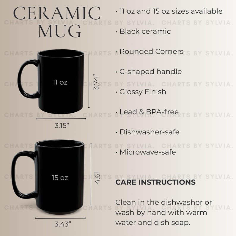 Black Coffee Mug Size Chart, 11 Oz & 15 Oz Mug Size Guide, 11 Oz and 15 ...