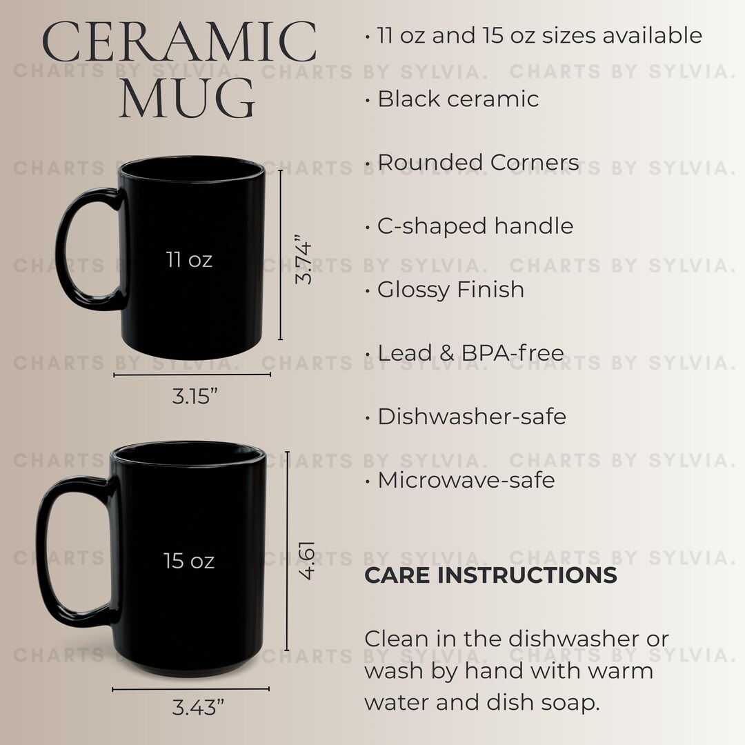 Black Coffee Mug Size Chart, 11 Oz & 15 Oz Mug Size Guide, 11 Oz and 15 ...
