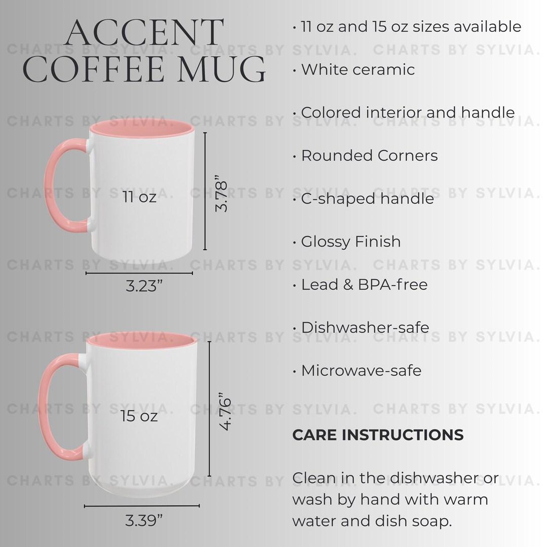 Pink Accent Coffee Mug Size Chart, 11 Oz & 15 Oz Accent Mug Mockup, 11 ...