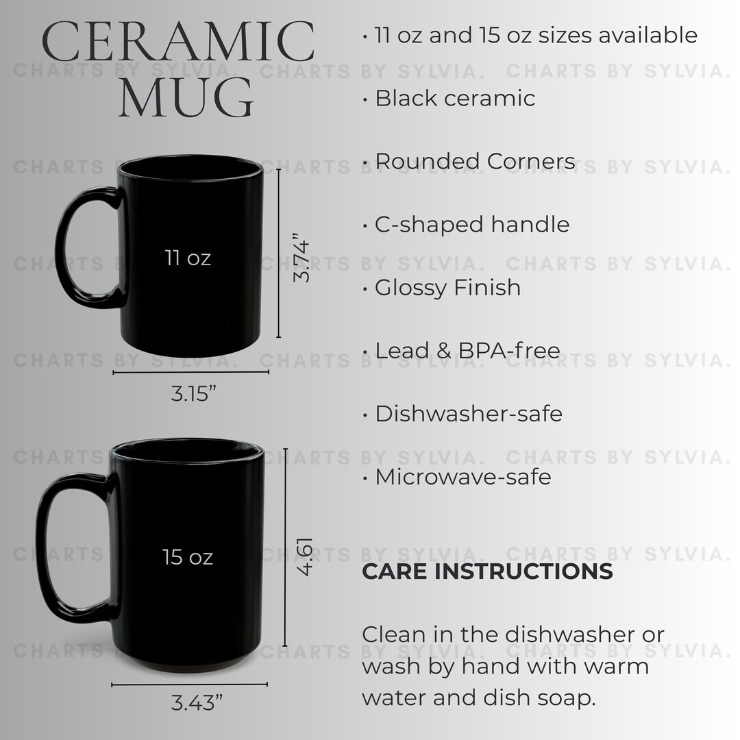 Black Coffee Mug Size Chart, 11 Oz & 15 Oz Mug Size Guide, 11 Oz and 15 ...