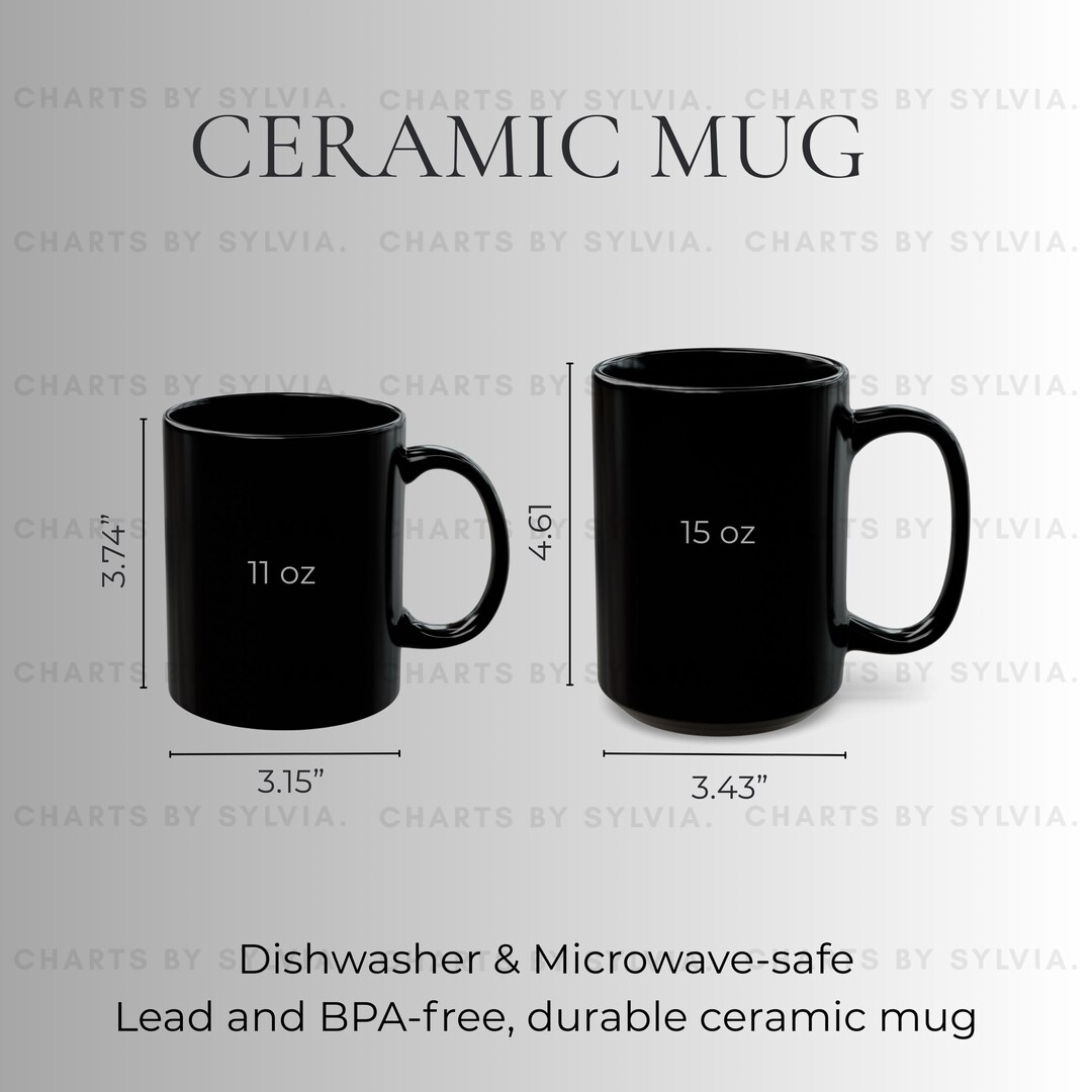 Black Coffee Mug Size Chart, 11 Oz & 15 Oz Mug Size Guide, 11 Oz and 15 ...