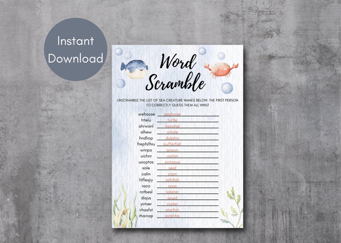 Under the Sea Baby Shower Word Scramble, Instant Download, 5x7 ...