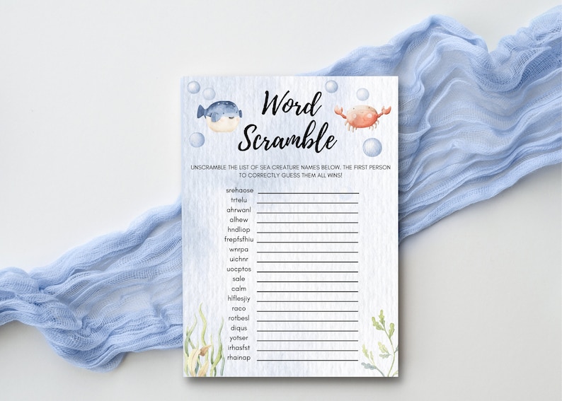 Under the Sea Baby Shower Word Scramble, Instant Download, 5x7 ...