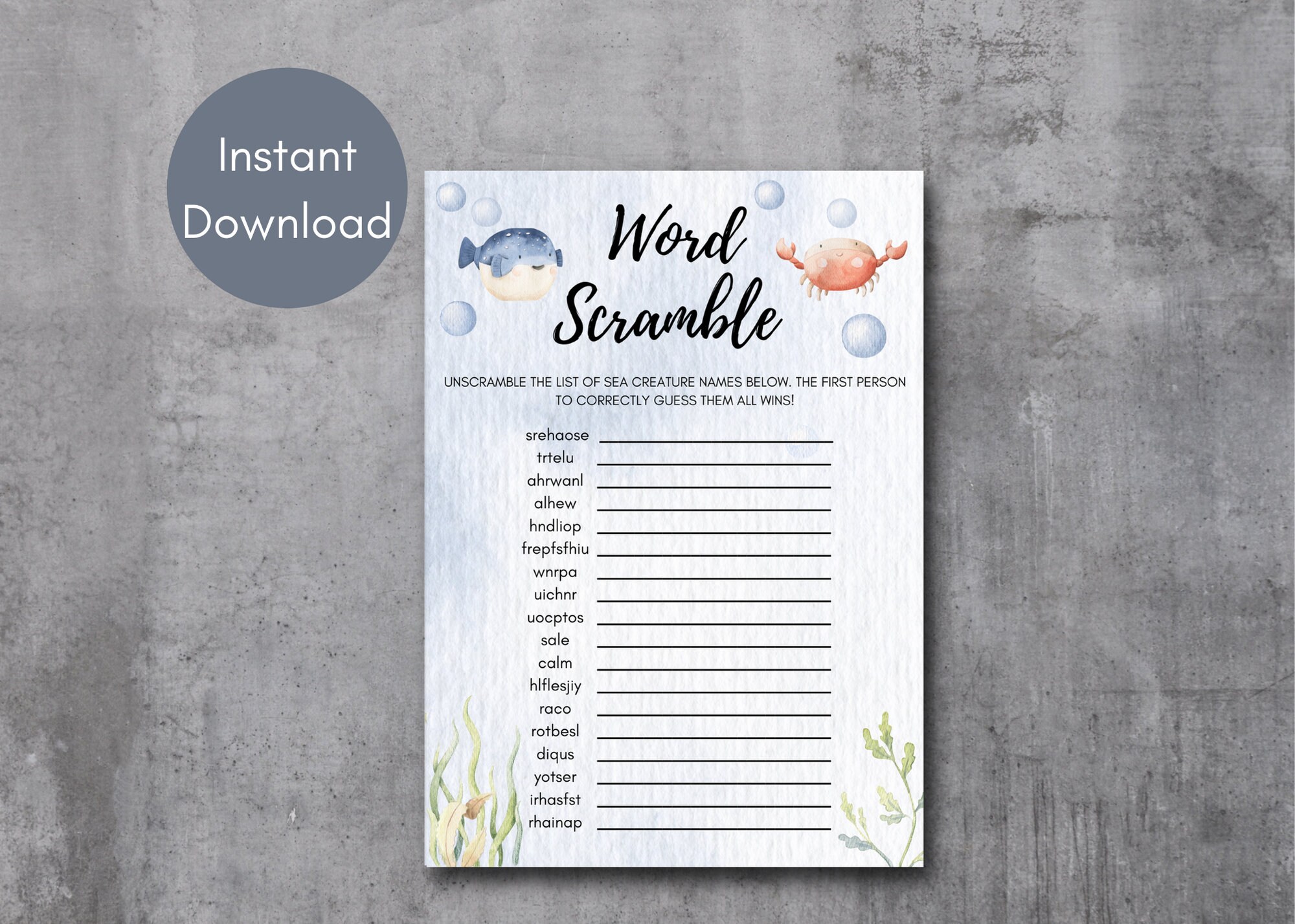 Under the Sea Baby Shower Word Scramble, Instant Download, 5x7 ...