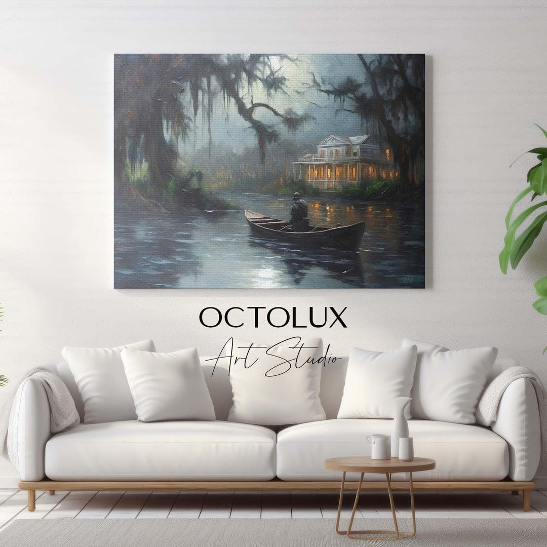 Southern Gothic Swamp Art Print - Haunted Bayou Mansion & Foggy Boatman ...