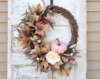 Pink Fall Wreath for Front Door Pink Velvet Pumpkin Wreath - Etsy