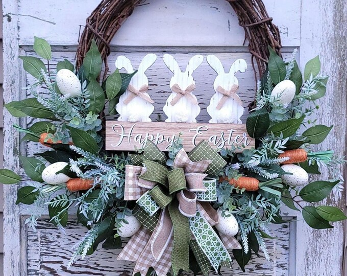 Spring Farmhouse Easter Bunny Sign Wreath With Bow for Front Door ...