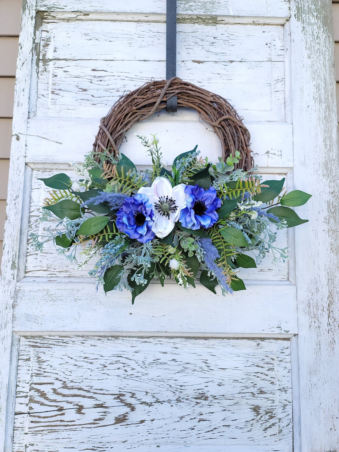 Blue and White Anemone Spring Wreath for Front Door Blue Summer Wreath ...