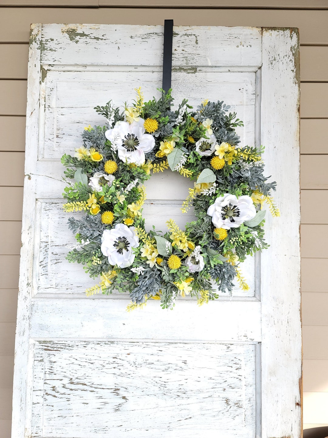 Yellow Spring Wildflower Wreath for Front Door White Anemone Wreath ...