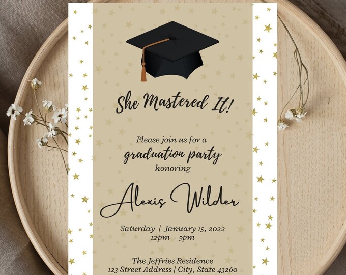 She Mastered It Graduation Party Invitation, Masters Degree, Elegant ...