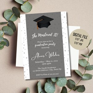 She Mastered It Graduation Party Invitation, Masters Degree, Elegant ...
