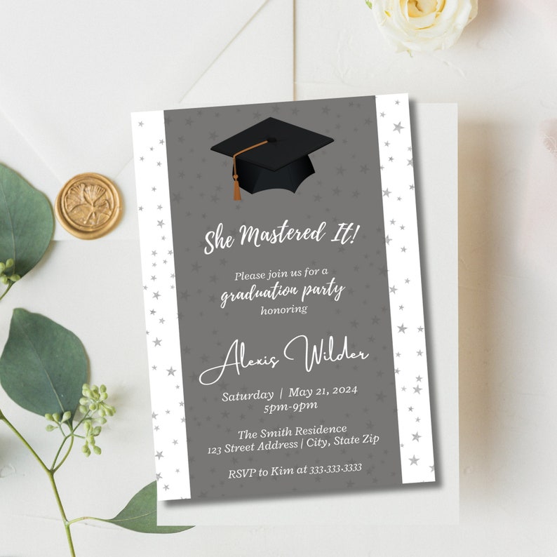 She Mastered It Graduation Party Invitation, Masters Degree, Elegant ...