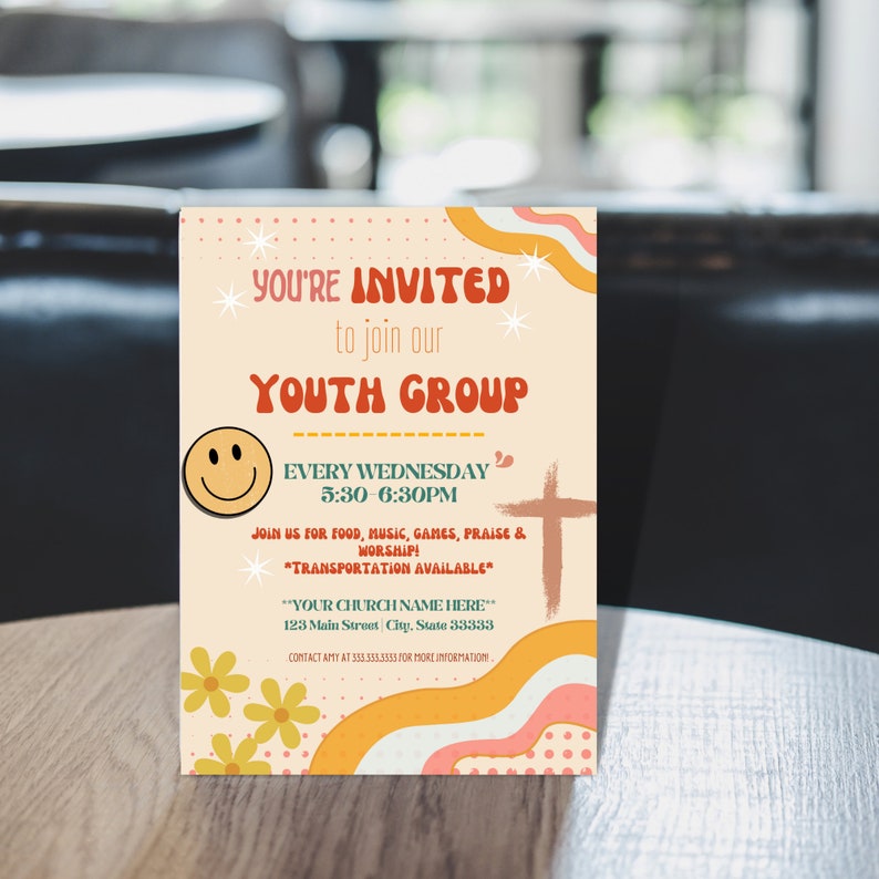 Retro Youth Group Invitation, Teen Class Flyer, Church Kids Club ...