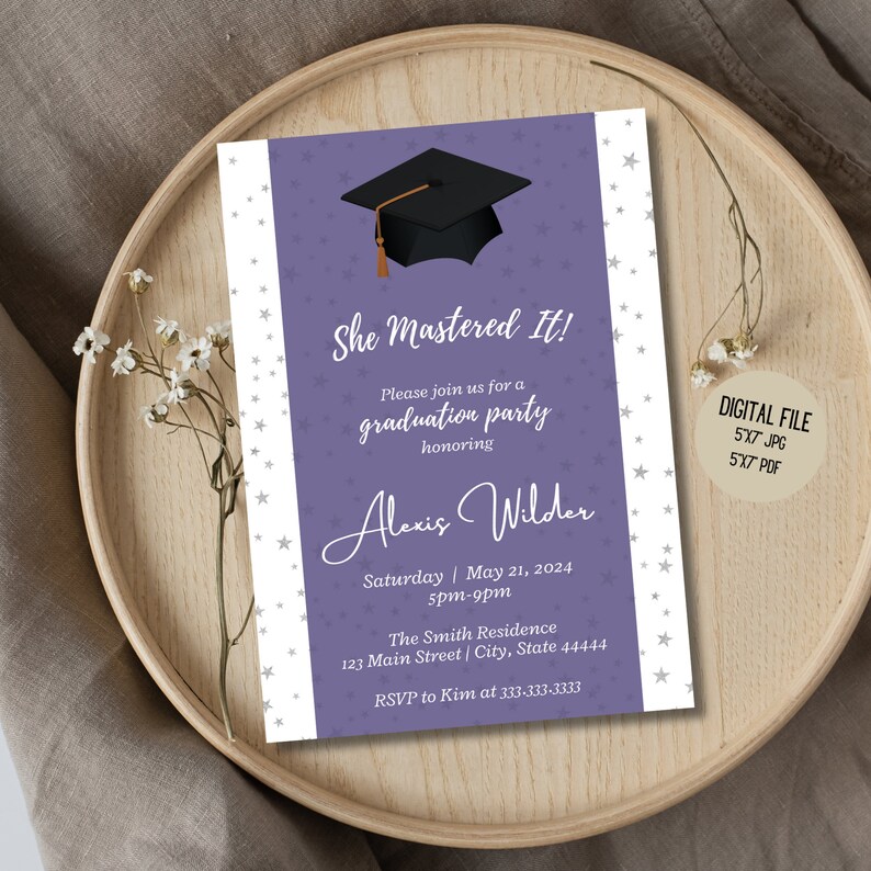 She Mastered It Graduation Party Invitation, Masters Degree, Purple ...