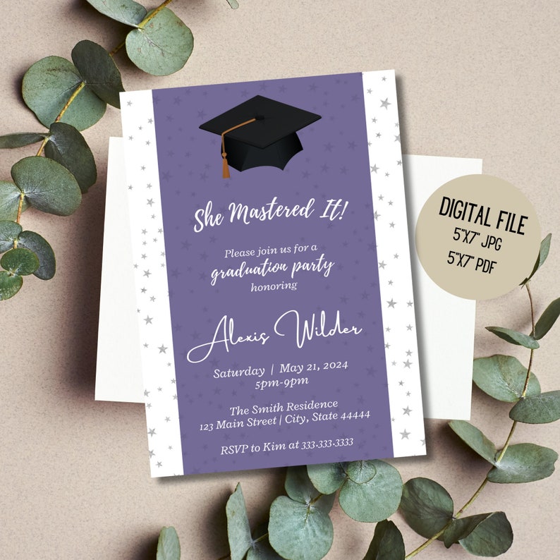 She Mastered It Graduation Party Invitation, Masters Degree, Purple ...