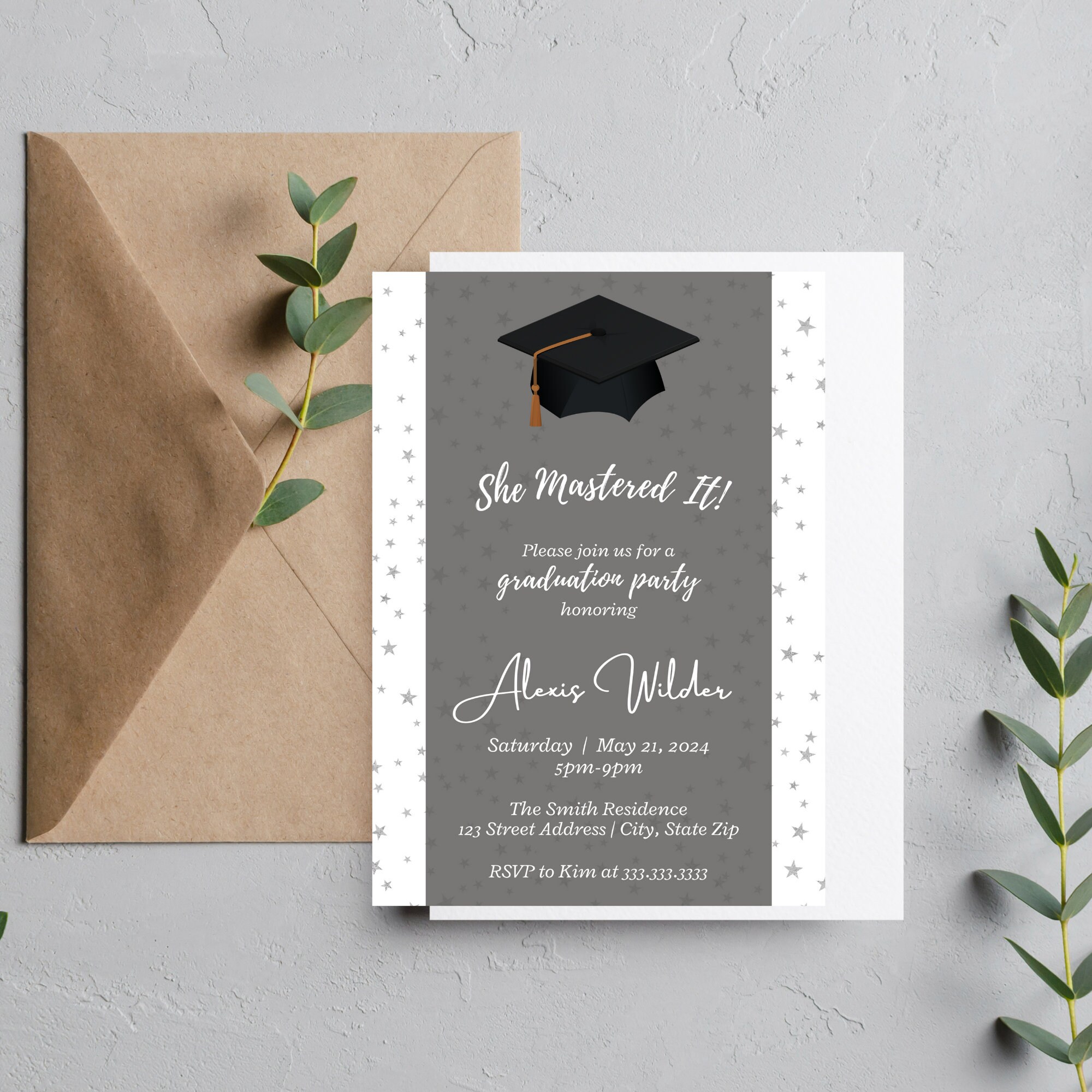 She Mastered It Graduation Party Invitation, Masters Degree, Elegant ...