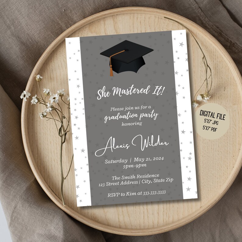 She Mastered It Graduation Party Invitation, Masters Degree, Elegant ...