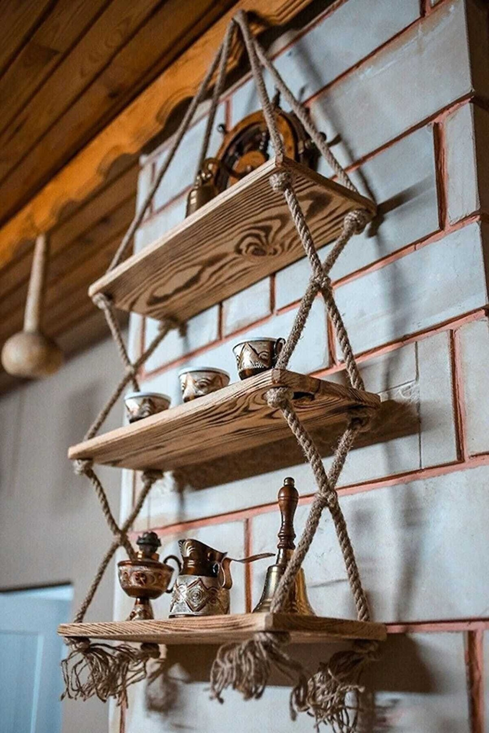 Rope Floating Shelves Wood Set of 3, Wall Rope Shelves, Tiered Wall ...