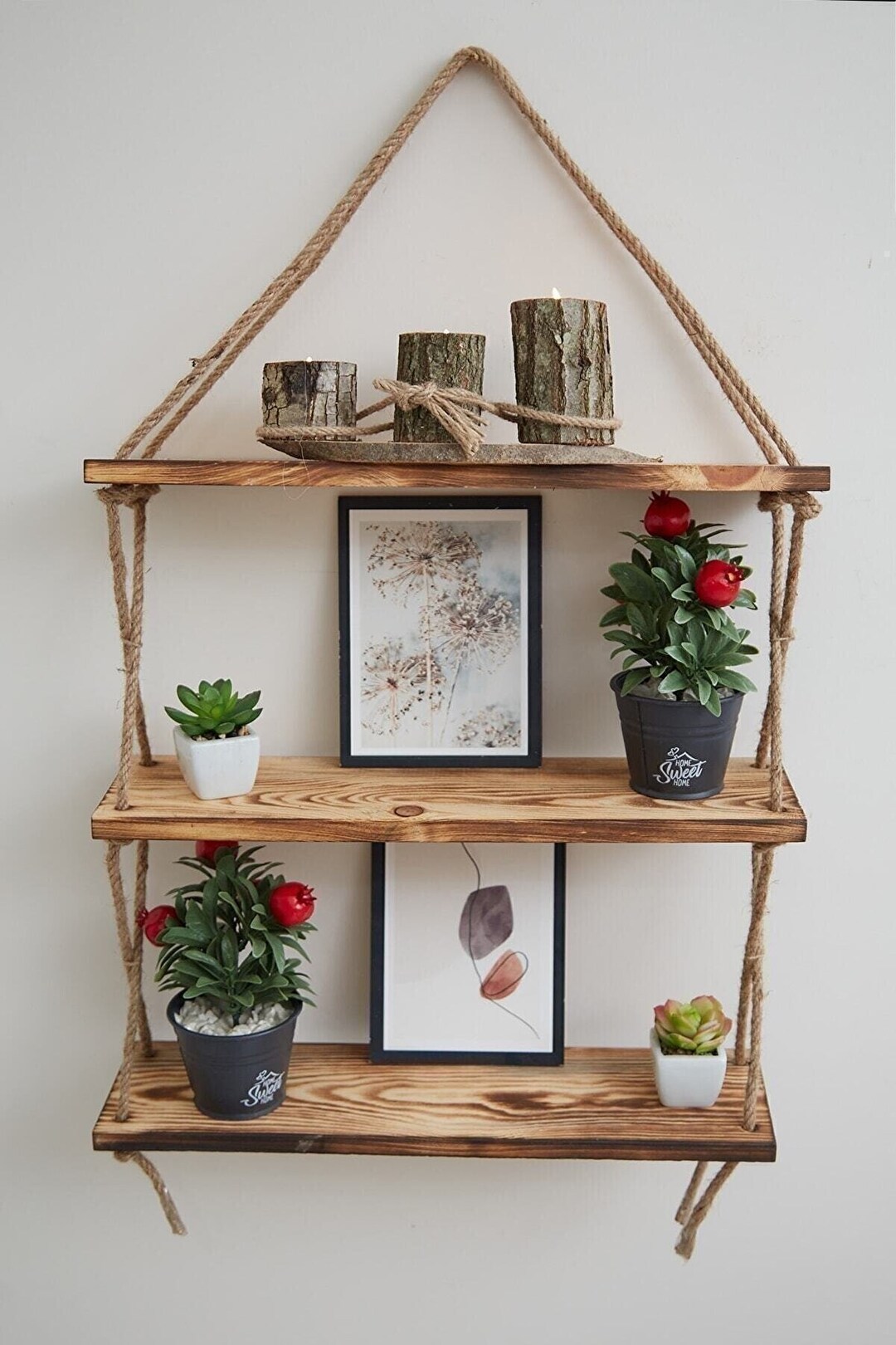 Rope Floating Shelves Wood Set of 3, Wall Rope Shelves, Tiered Wall ...