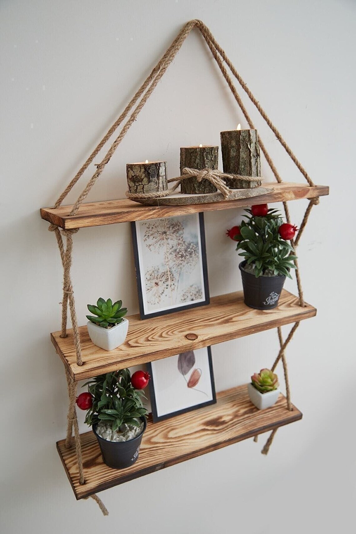 Rope Floating Shelves Wood Set of 3, Wall Rope Shelves, Tiered Wall ...